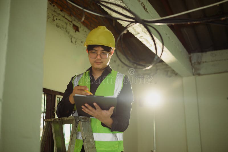 Professional Electrician Reviewing Plans and Making Notes while ...