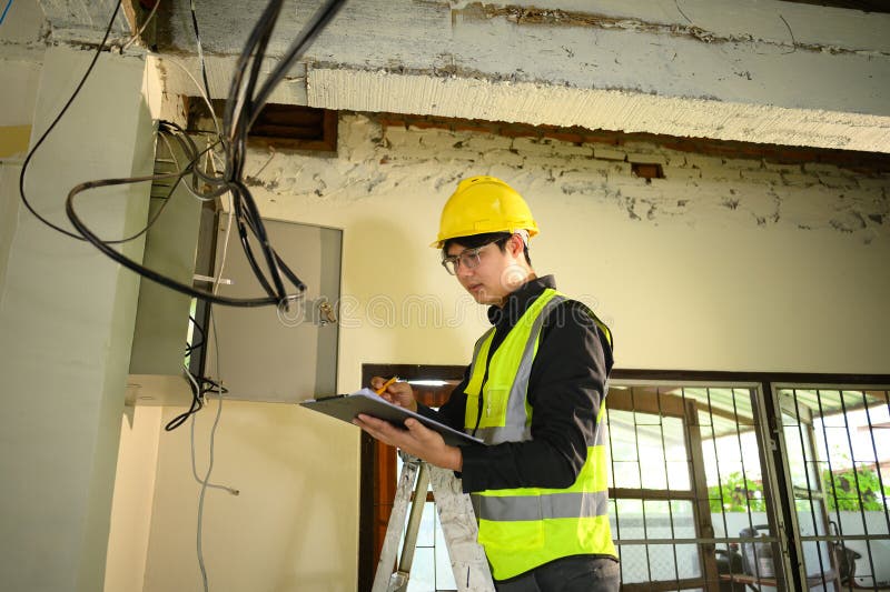 Professional Electrician Reviewing Plans and Making Notes while ...