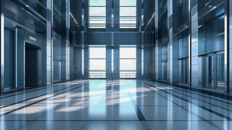 Professional and Elegant Blue Office Lobby with Elevators and Large ...