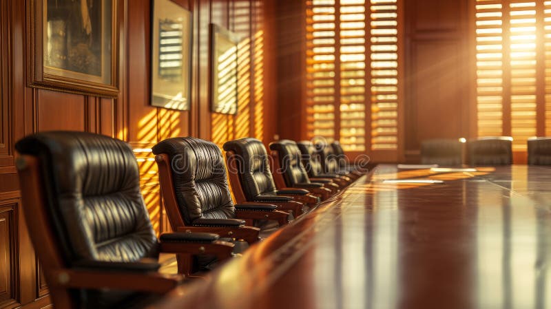A Professional, Elegant Boardroom with Leather Chairs, a Polished Table ...