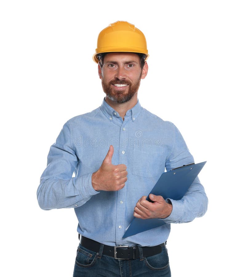 Professional Engineer in Hard Hat with Clipboard Showing Thumb Up ...