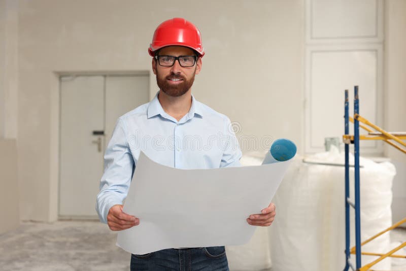 Professional Engineer in Hard Hat with Draft Stock Image - Image of ...