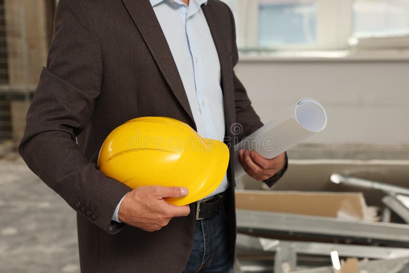 Professional Engineer with Hard Hat and Draft Indoors Stock Image ...