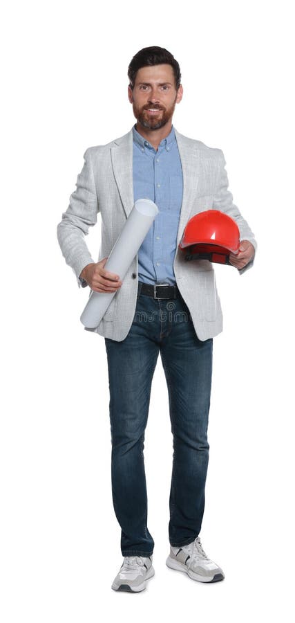 Professional Engineer with Hard Hat and Draft Isolated on White Stock ...