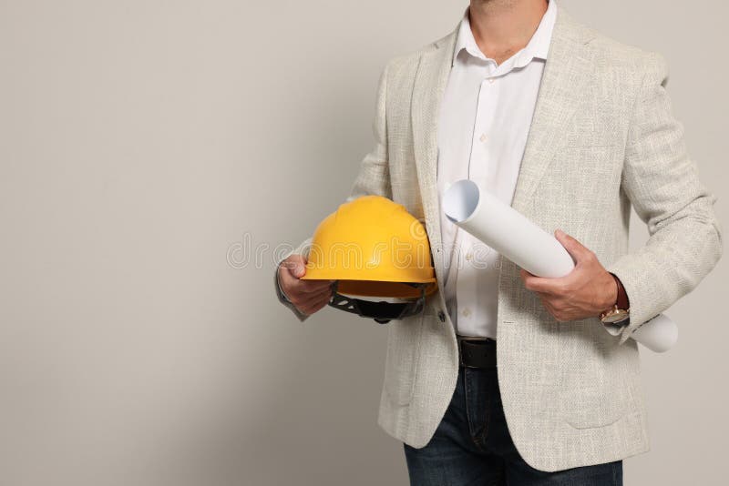 Professional Engineer with Hard Hat and Draft on White Background ...