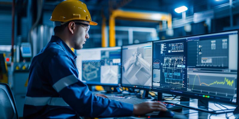 The Professional Engineer in a Hard Hat is Working on the Computer with ...