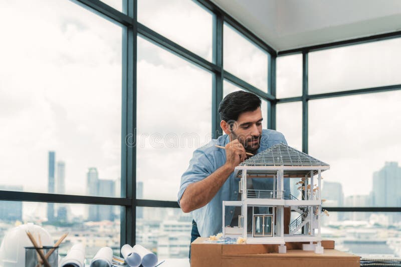 Professional Engineer Inspect Modern House Model with Skyscraper View ...