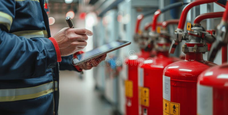 Professional Engineer Inspecting Fire Extinguishers in Fire Control ...