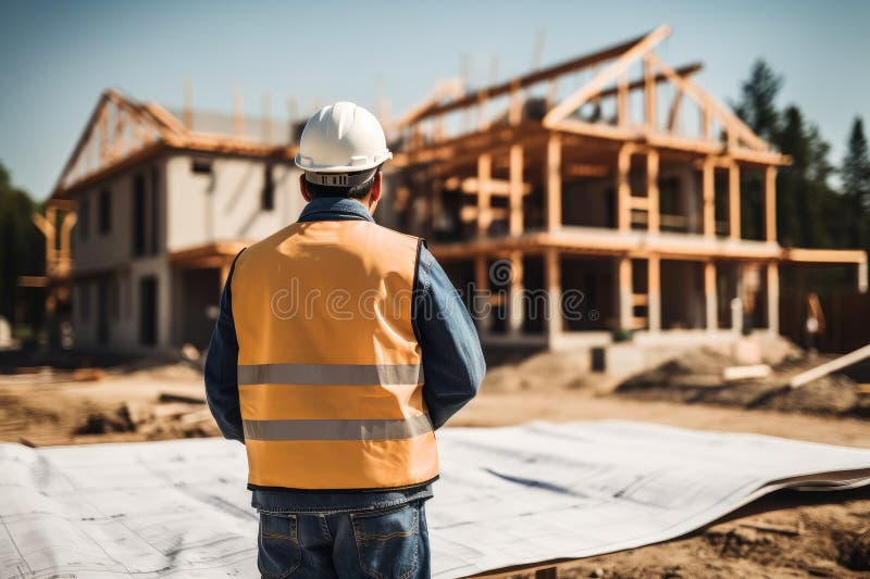 Professional Engineer in Protective Helmet and Blueprints Paper at ...