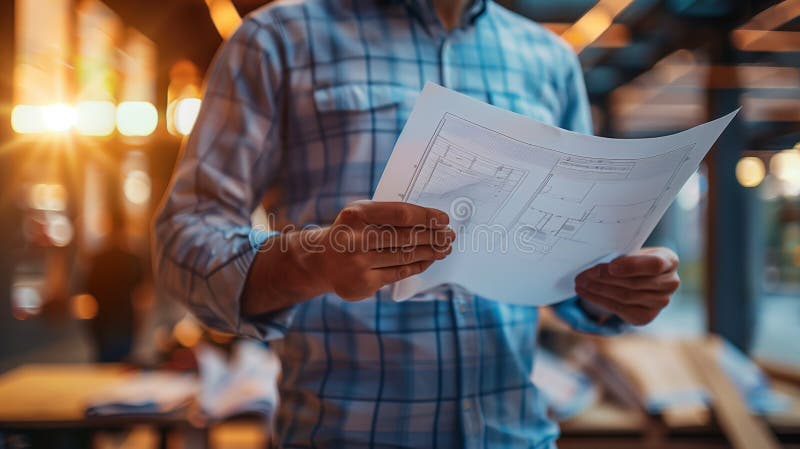 Professional Engineer Reviewing Architectural Plans in the Office ...