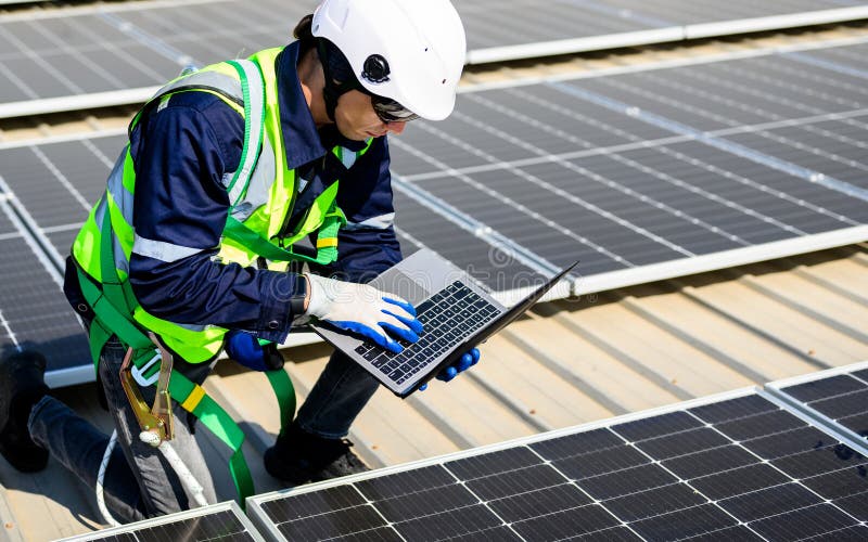 Professional Engineer Technician with Safety Helmet Checking Solar ...