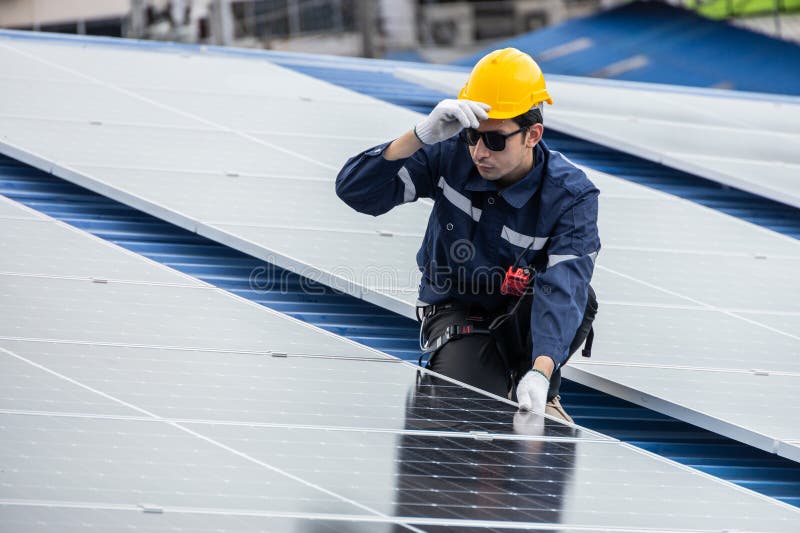 Professional Engineer Service Solar Panel. Worker Maintenance Cleaning ...
