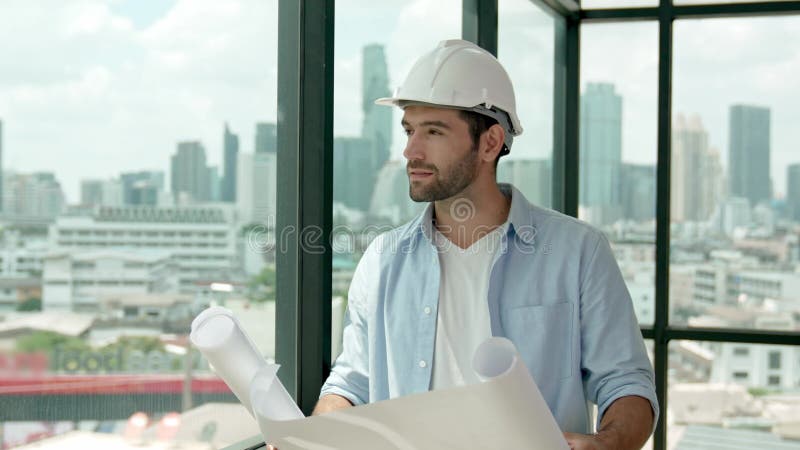 Professional Engineer Smiling while Looking at Skyscraper View. Tracery ...