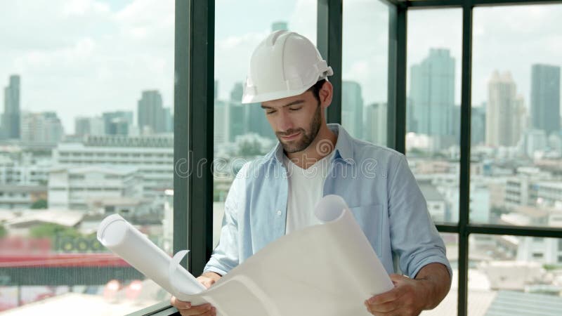 Professional Engineer Smiling while Looking at Skyscraper View. Tracery ...