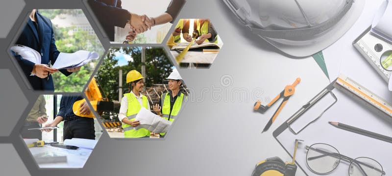 Professional Engineer Team in Work Site and Engineer Desk Background ...