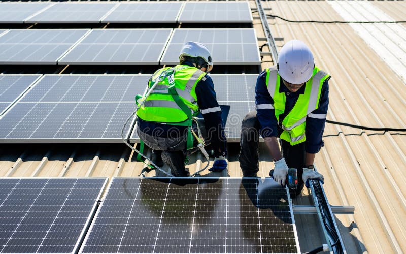 Professional Engineer Technician with Safety Helmet Checking Solar ...