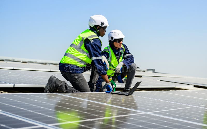 Professional Engineer Technician with Safety Helmet Checking Solar ...