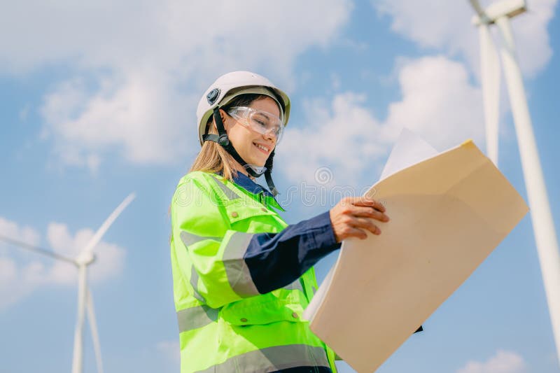 Professional Engineer Technician Working Outdoor at Wind Turbine Field ...