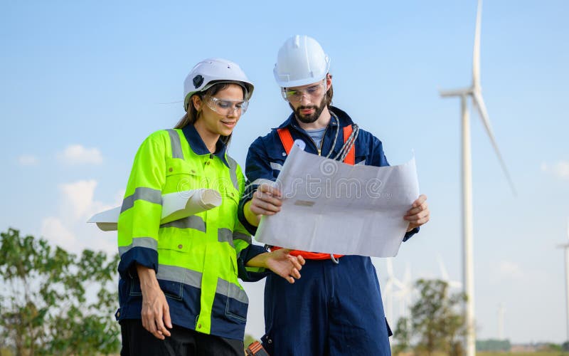 Professional Engineer Technician Working Outdoor at Wind Turbine Field ...