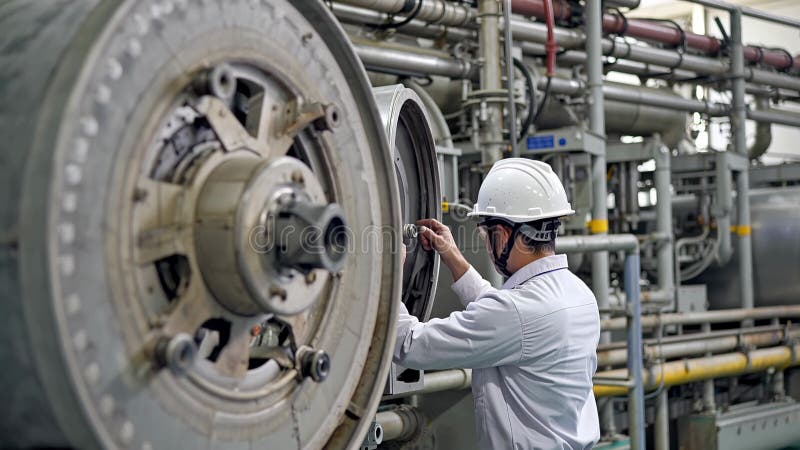 Professional Engineer Wearing Protective Headgear Inspecting Machinery ...