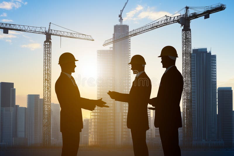 Professional Engineers Collaborating on Construction Project at Sunset ...