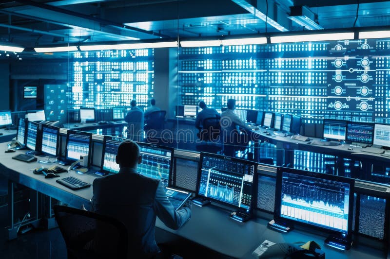 Professional Engineers Monitoring Data in a High-tech Control Room with ... Professional Engineers Monitoring Data in a High-tech Control Room with ...