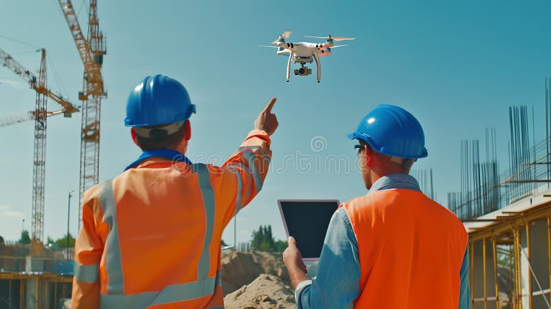 Professional Engineers Operating a Drone at a Construction Site. Modern ...
