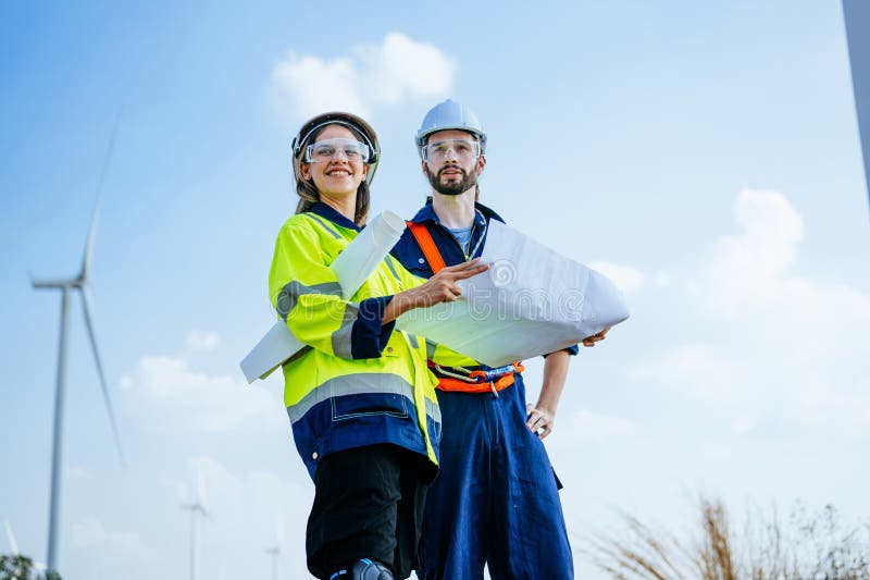 Professional Engineers Technicians Working at Wind Turbine Farm Field ...