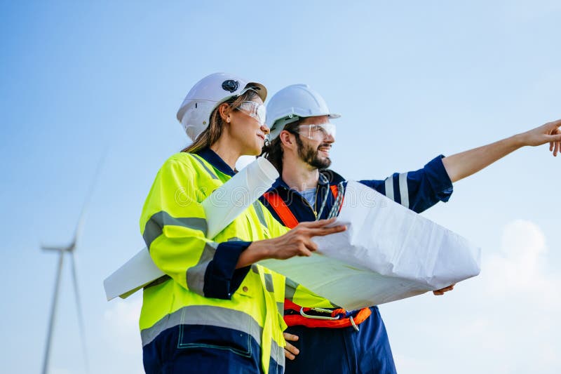 Professional Engineers Technicians Working at Wind Turbine Farm Field ...