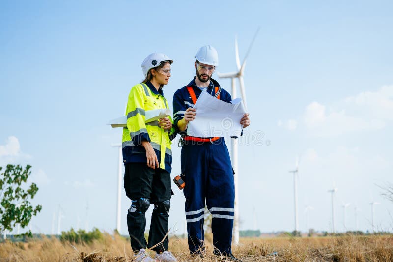 Professional Engineers Technicians Working at Wind Turbine Farm Field ...