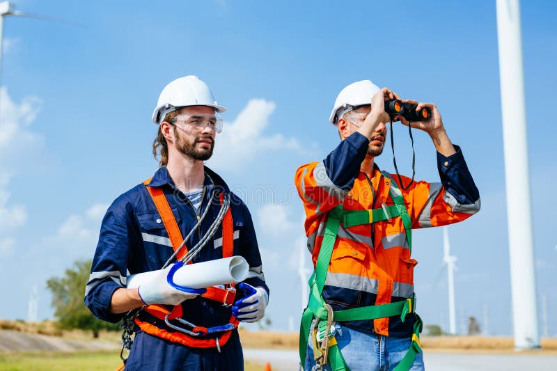 Professional Engineers Technicians Working at Wind Turbine Farm Field ...
