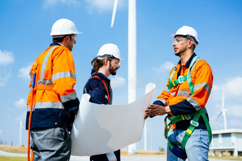 Professional Engineers Technicians Working at Wind Turbine Farm Field ...