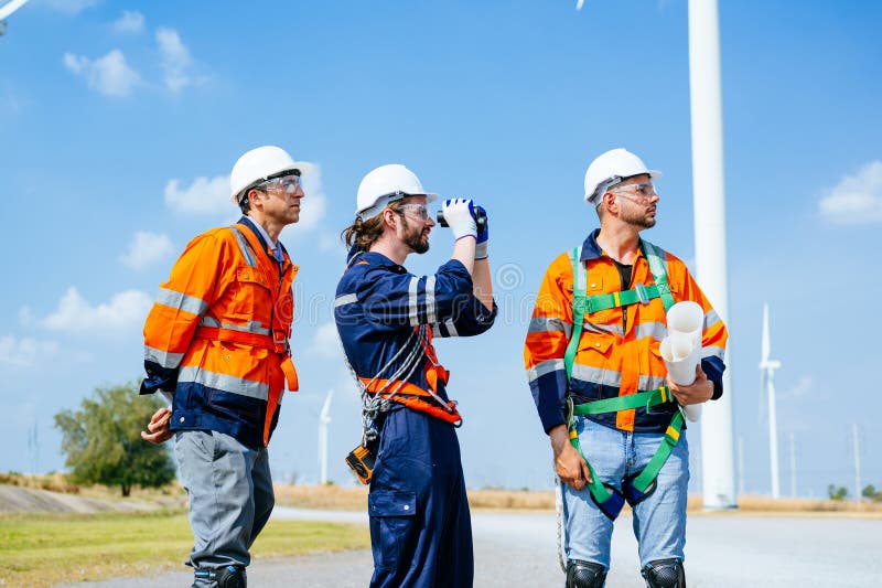 Professional Engineers Technicians Working at Wind Turbine Farm Field ...