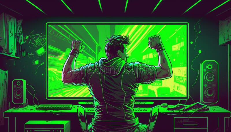 Professional Esports Gamer Girl Rejoices In The Victory And Green Game Room Stock Illustration 8735