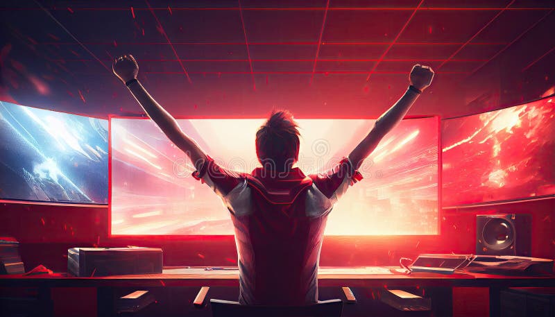 Professional Esports Gamer Rejoices In The Victory And Red Game Room Background Generate Ai