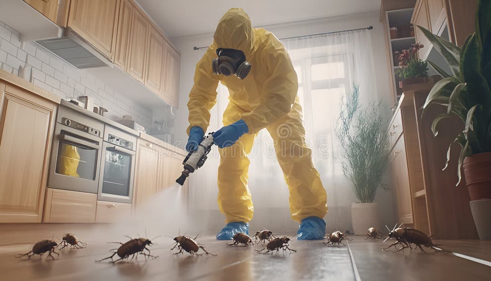 Professional Exterminator Focusing on Cockroach Infestation on Kitchen ...