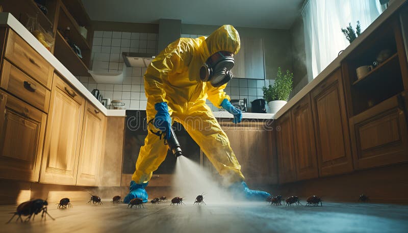 Professional Exterminator Focusing on Cockroach Infestation on Kitchen ...