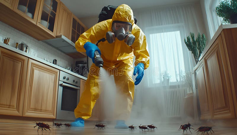 Professional Exterminator Focusing on Cockroach Infestation on Kitchen ...