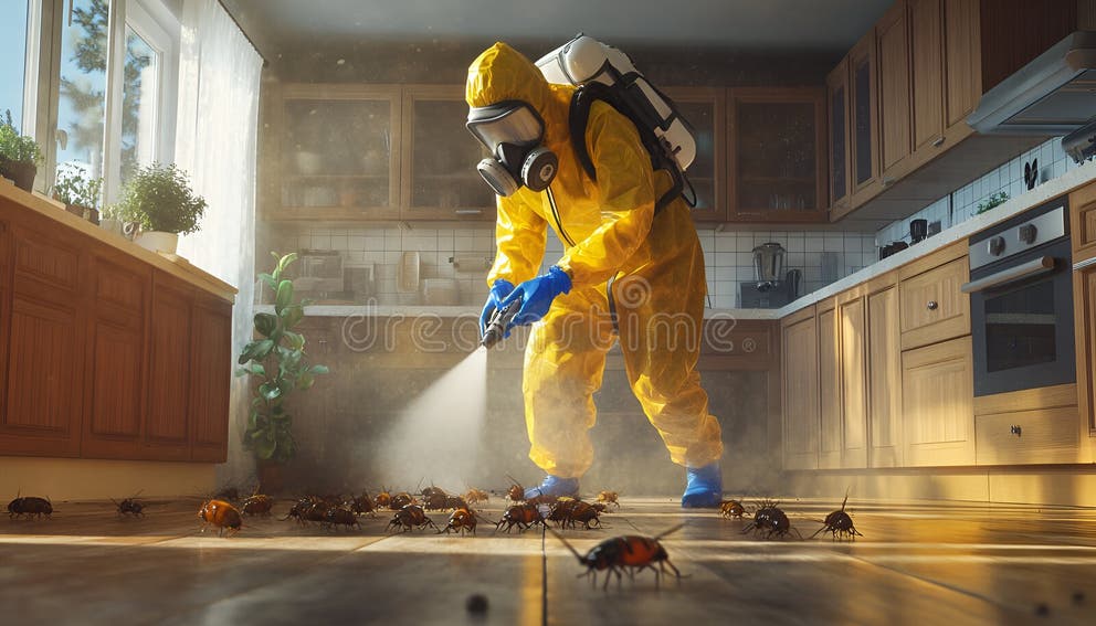 Professional Exterminator Focusing on Cockroach Infestation on Kitchen ...