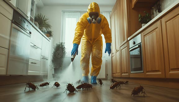 Professional Exterminator Focusing on Cockroach Infestation on Kitchen ...