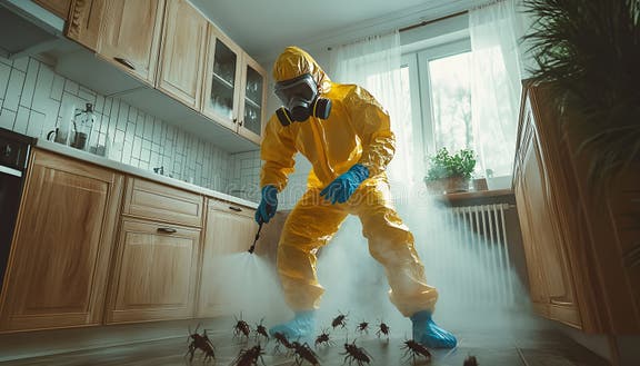 Professional Exterminator Focusing on Cockroach Infestation on Kitchen ...