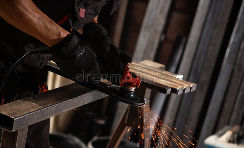Professional Fabric Worker Working with Metal Profile on the Work Table ...