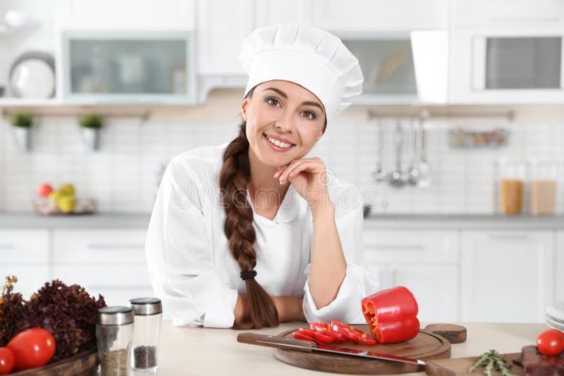 Professional Female Chef in Uniform Stock Photo - Image of preparing ...