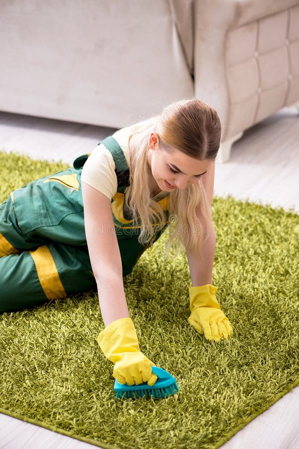 The Professional Female Cleaner Cleaning Carpet Stock Image - Image of ...