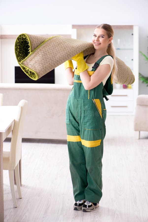 The Professional Female Cleaner Cleaning Carpet Stock Image - Image of ...