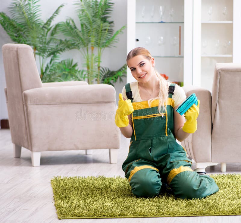 Professional Female Cleaner Cleaning Carpet Stock Image - Image of ...