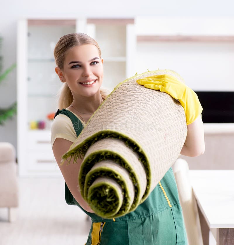 Professional Female Cleaner Cleaning Carpet Stock Photo - Image of ...