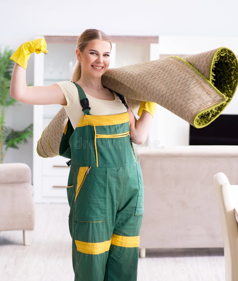 Professional Female Cleaner Cleaning Carpet Stock Photo - Image of ...
