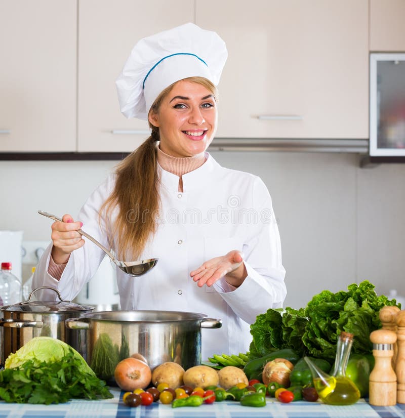 Professional Female Cook Preparing Soup in Kitchen Stock Image - Image ...