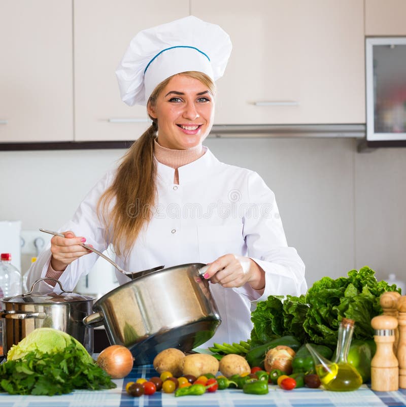 Professional Female Cook Preparing Soup in Kitchen Stock Photo - Image ...